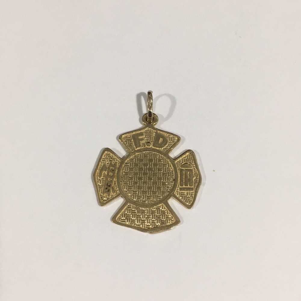 14k Yellow Gold Fire Department Badge Pendant - Gem